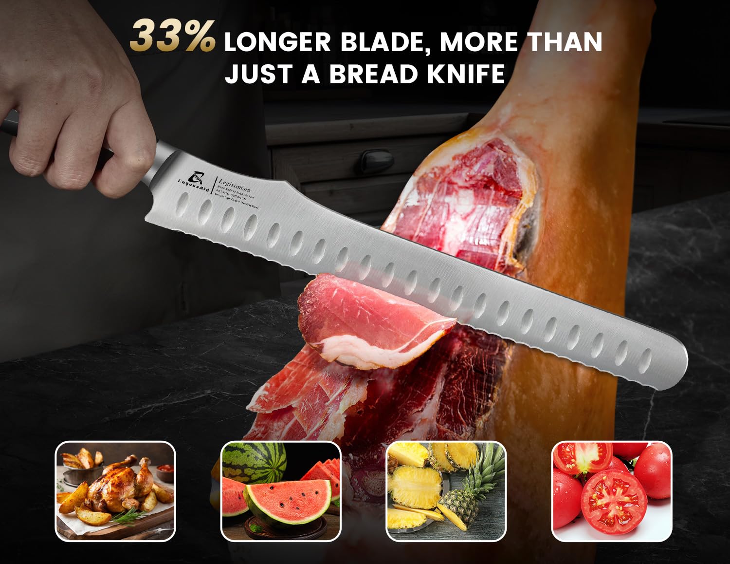 CoquusAid Bread Knife for Homemade Bread, 10.6 Inch Multifunction Serrated Knife, Razor Sharp Slicer, Forged High Carbon German Steel, Full Tang Ergonomic Handle Design for Sourdough Turkey Fruit