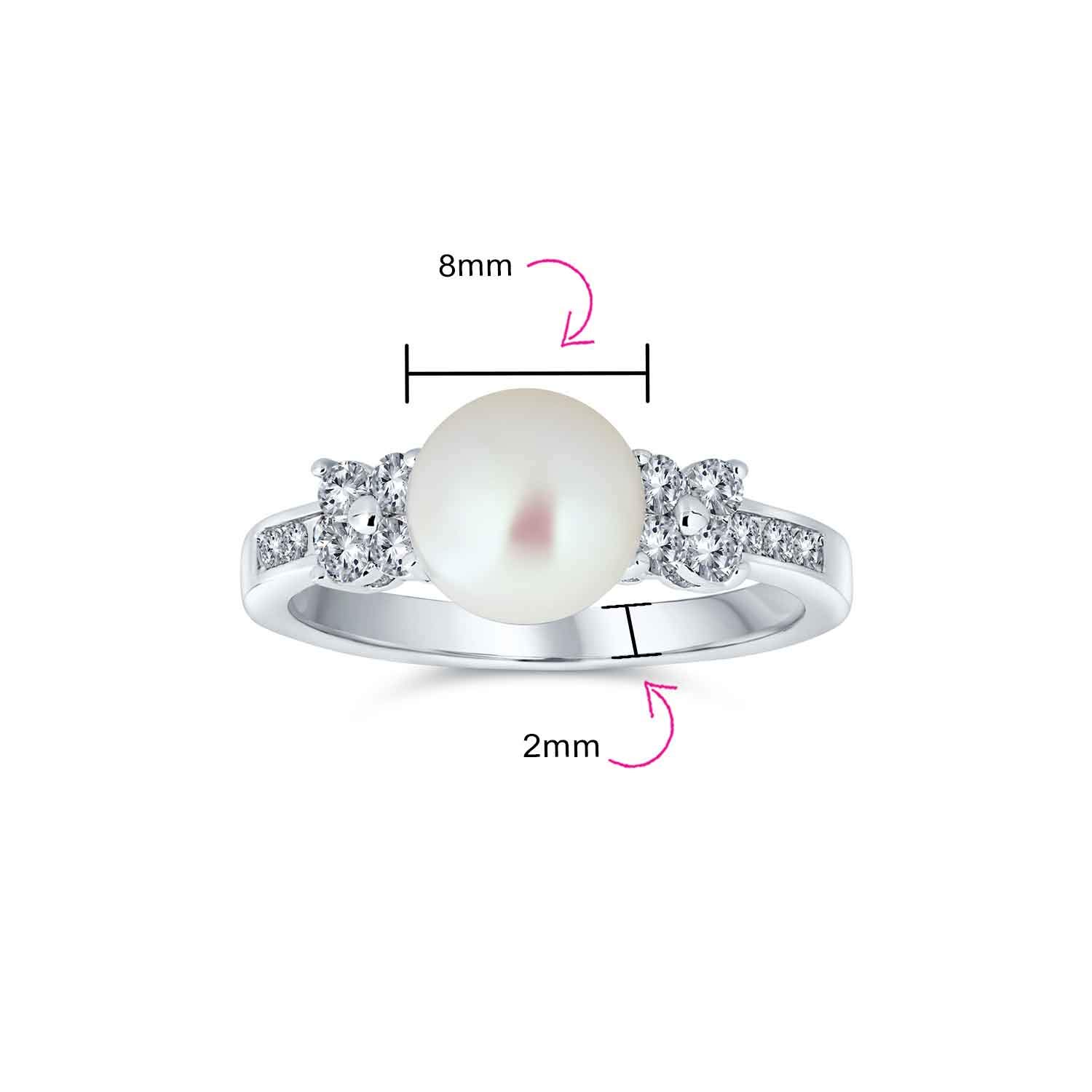 Bling Jewelry Traditional Timeless Wedding Pave CZ Band White Cultured Button Pearl Solitaire Engagement Promise Ring for Women Side Stones Silver Plated 8MM