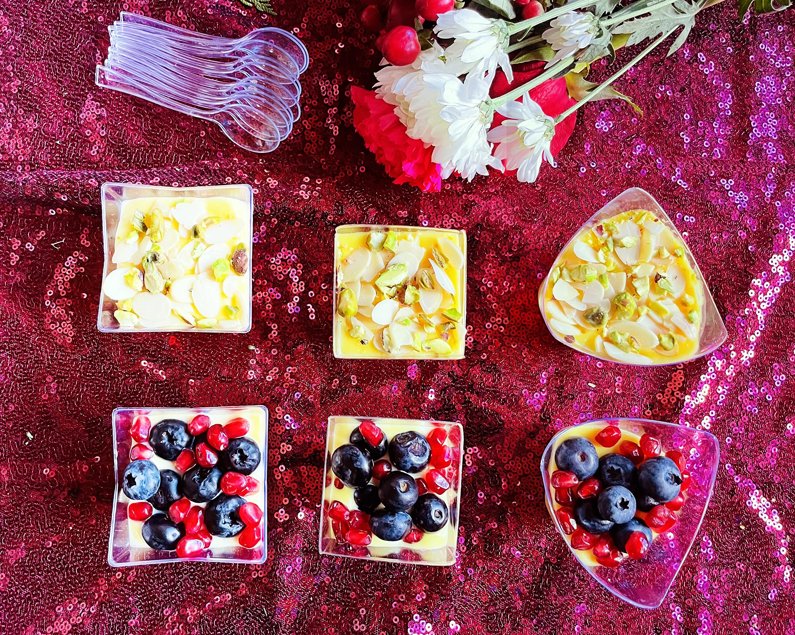 Blissful Dining 100 Counts 3oz Square Clear Plastic Dessert Cups with 100 Counts Clear Plastic Spoons. (3 Ounces, 100 Serving Cups and Spoons)
