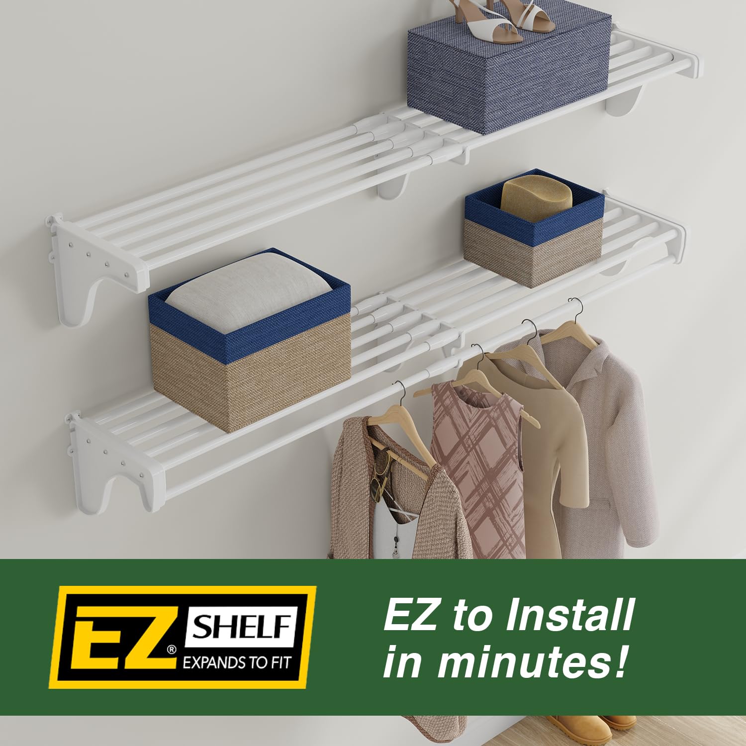EZ Shelf - DIY Expandable Closet Shelf (NO Hanging Rod) - 40.5β to 73β - White - Easy to Install to 2 Sidewalls -(EZS-SW72)- Wire Closet Shelving Alternative