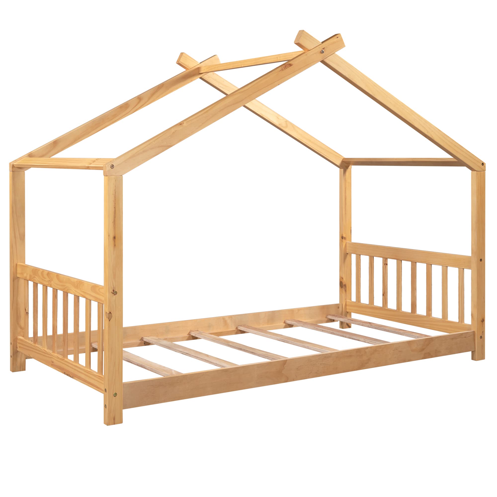Harper & Bright Designs Toddlers House Platform Beds, Solid Wood Twin Size Floor Montessori Bed with Headboard & Footboard, House Cabin Bed Frame for Kids, Teens, Girls, Boys (Natural)