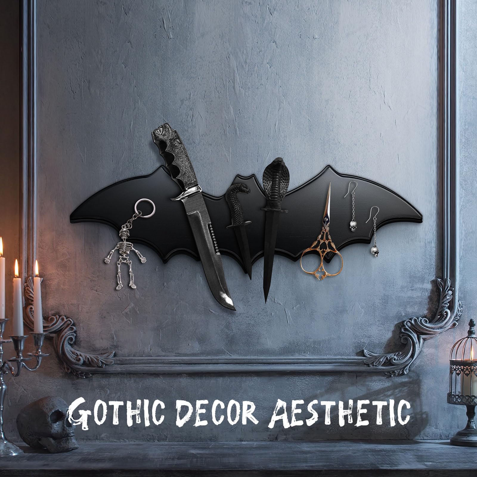 Faivykyd Bat Shape Magnetic Knife Holder, 15.8 Inch Black Knife Magnetic Strip for Gothic Wall Decor, Spooky Gothic Room Powerful Magnet Rack, Kitchen Utensils Organizer, Goth Lovers Gifts