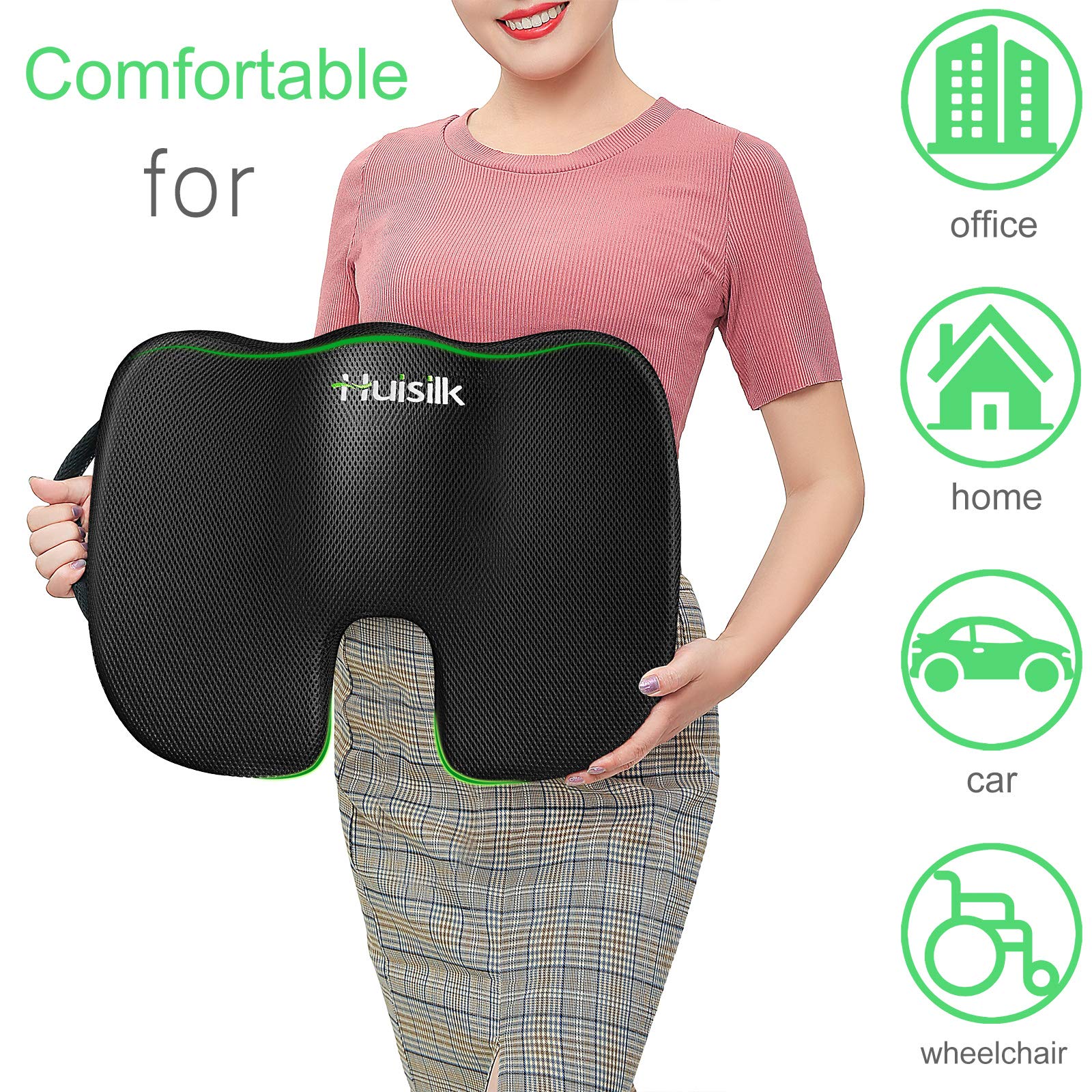 HUISILK Seat Cushion for Office Chair Car- Memory Foam Coccyx Pad - Comfort Sciatica Pillows Support Back Hip Tailbone Pain Relief (Black)