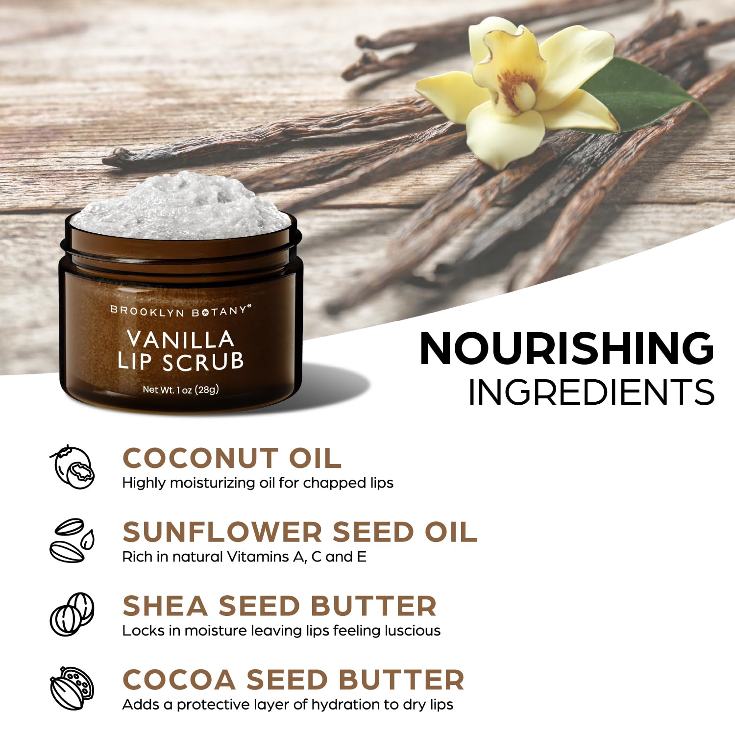 Brooklyn Botany Lip Scrub Exfoliator 1 oz β Lip Moisturizer for Dry Lips and Chapped Lips β Gentle Lip Exfoliator for Smooth and Brighter Lips β Vanilla Flavor