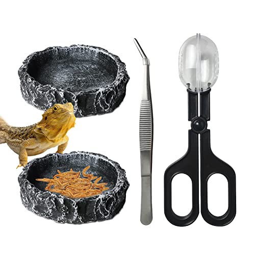 GKPONSX 2 Pack Reptile Food Bowls, Imitating Rock Design Water Dish and Feeder Food Bowls with Tongs Bug Scooper for Leopard Gecko Snake Lizard Turtle Chameleon