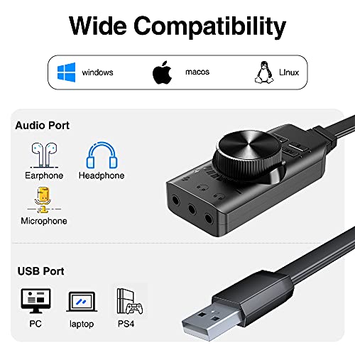 USB Sound Card Adapter BENGOO 7.1 Channel External Audio Adapter Stereo Sound Card Converter 3.5mm AUX Microphone Jack for Gaming Headset Earphone PS4 Laptop Desktop Windows Mac OS Linux, Plug Play