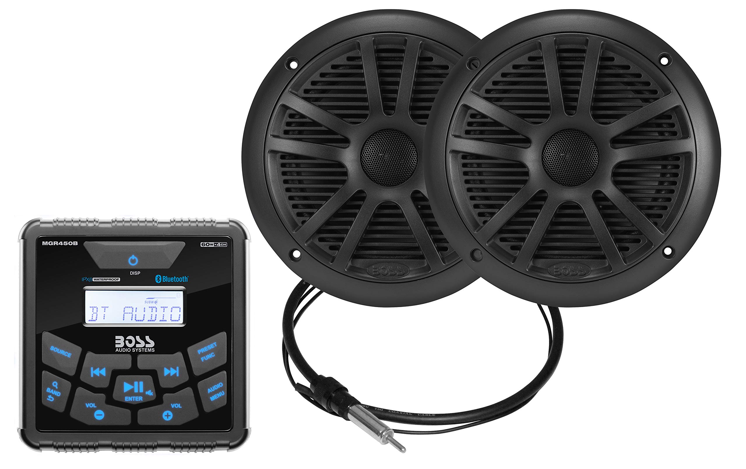 BOSS Audio Systems MCKGB450B.6 6.5 Inch Speakers & Marine Boat Gauge Stereo - Bluetooth Head Unit, No CD DVD Player, AM/FM Radio Receiver, NOAA Weather Band, IPX6 Weatherproof, USB