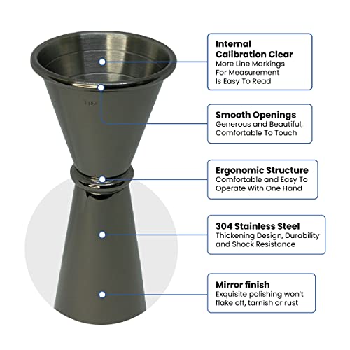 COCKTAIL JIGGER - DOUBLE JIGGER 2 OZ 1 OZ FOR BARTENDING - Food Grade Stainless Steel with Clear Visible Internal Measurements - Ergonomic Design for Effortless Bar Liquor Pouring - Gunmetal Black