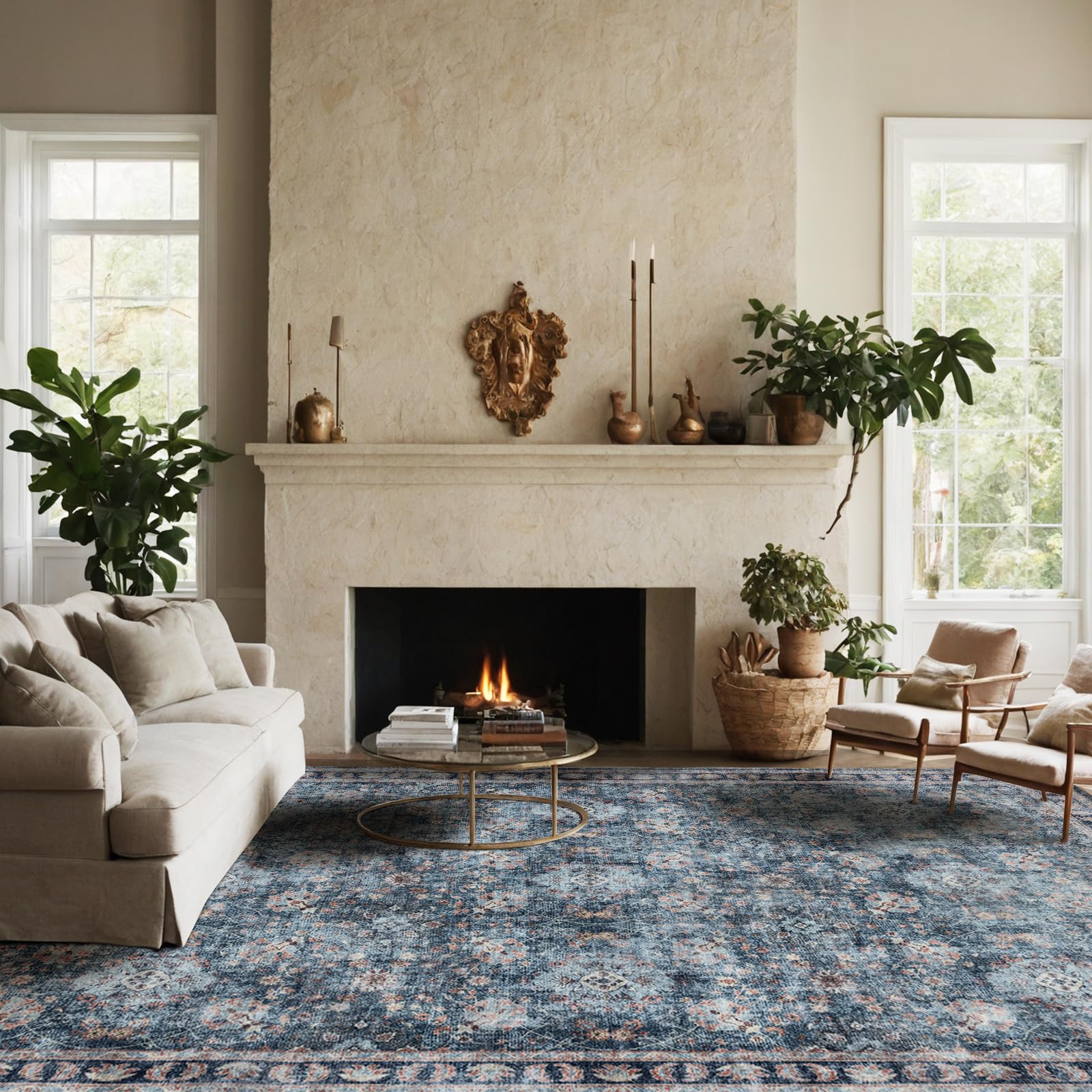 Domitapis Area Rug 9×12, Large Vintage Boho Rug,Ultra-Soft Low Pile, Washable, Non Slip,Stain Resistant, Printed Carpet for Living Room Bedrooms Playroom Office Kitchen,Navy/Floral