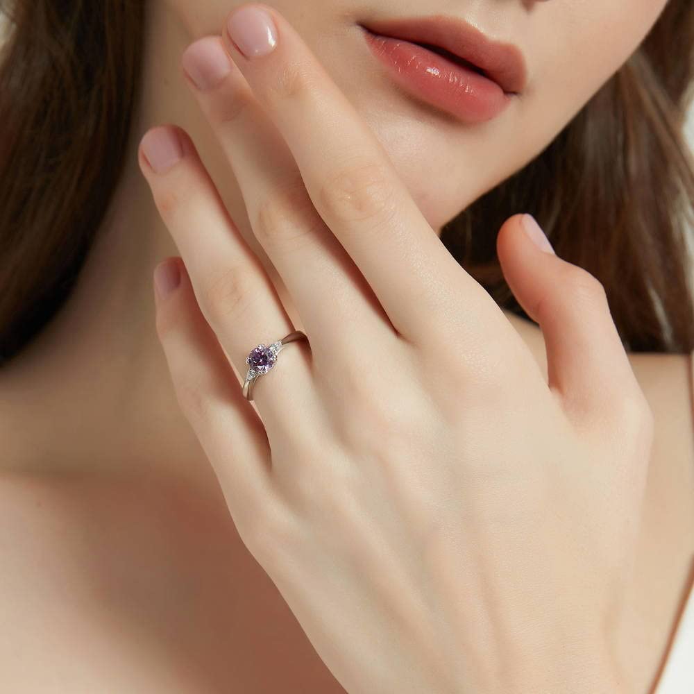 BERRICLE Sterling Silver 3-Stone Purple Round Cubic Zirconia CZ Fashion Anniversary Ring for Women, Rhodium Plated Size 9