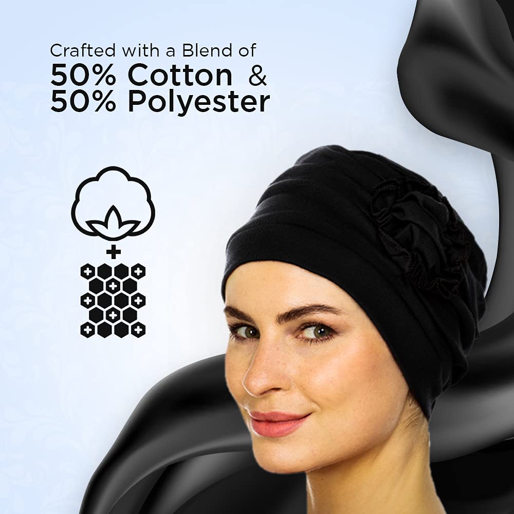 BEEMO Women’s Gathered Pleated Cancer Chemo Turban - Comfortable and Stylish - Black