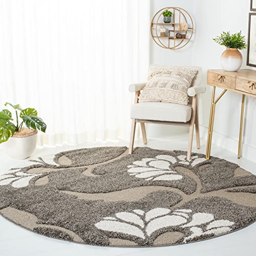 SAFAVIEH Florida Shag Collection 6'7" Round Smoke / Beige SG459 Floral Non-Shedding Living Room Bedroom Dining Room Entryway Plush 1.2-inch Thick Area Rug