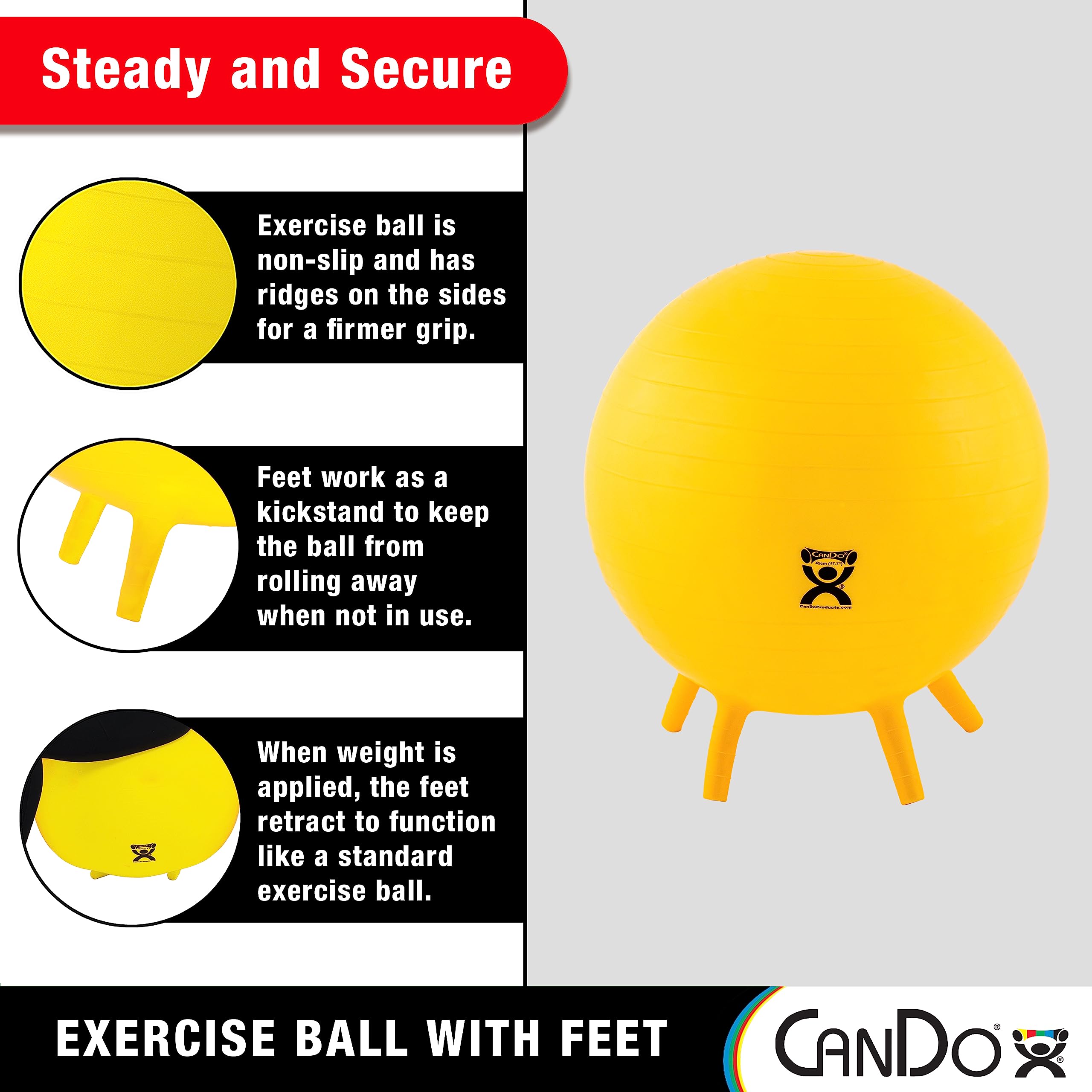 CanDo 30-1892 Non-Slip Inflatable Exercise Ball with Stability Feet Exercise, Workout, Core Training, Stability, Yoga, Pilates, Balance Training Gym, Office, Home, Classroom. Orange, 22"