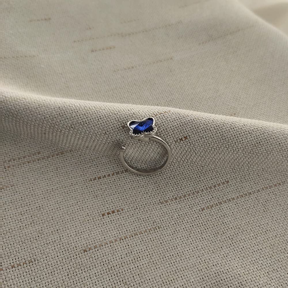 Blue Butterfly Spinner Fidget Statement Rings for Women Cubic Zirconia Anxiety Rotate Freely Inspirations Jewelry Calming Worry Meditation Crochet Loop Expandable Adjustable Stacking Middle Finger Ring Daughter Dainty Birthday BFF