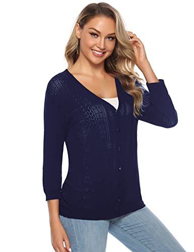 iClosam Summer Cardigans for Women Lightweight Work V Neck Knitted Cardigan 3/4 Sleeve Shrug Sweater Navy Blue