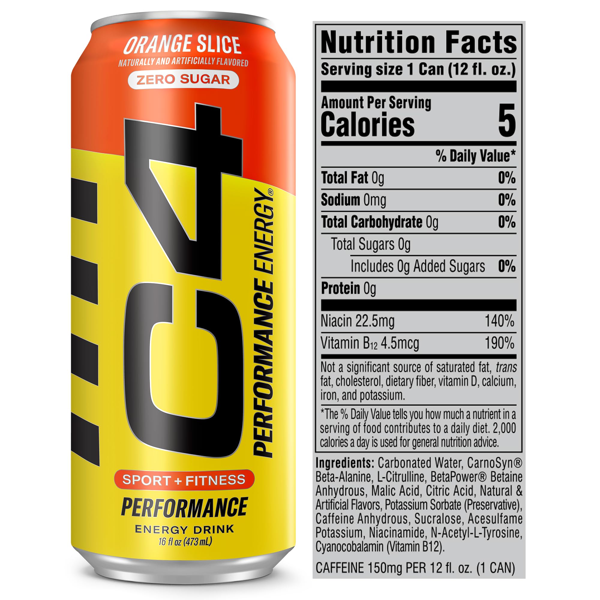 C4 Energy Carbonated Zero Sugar Energy Drink, Pre Workout Drink + Beta Alanine, Orange Slice, 16 Fl Oz (Pack of 12)