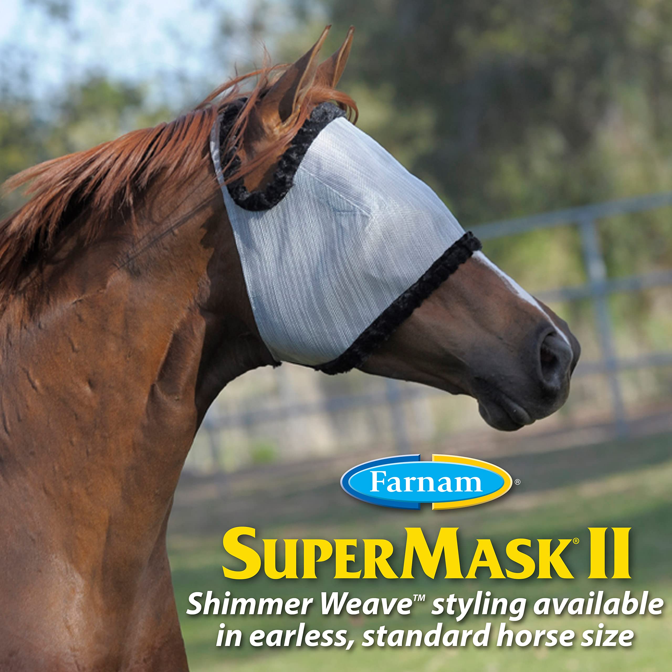 SuperMask II Shimmer Weave Mesh Horse Fly Mask Without Ears, Eye Protection from Insect Pests, Soft Silver Mesh with Black Plush Trim, Horse Size