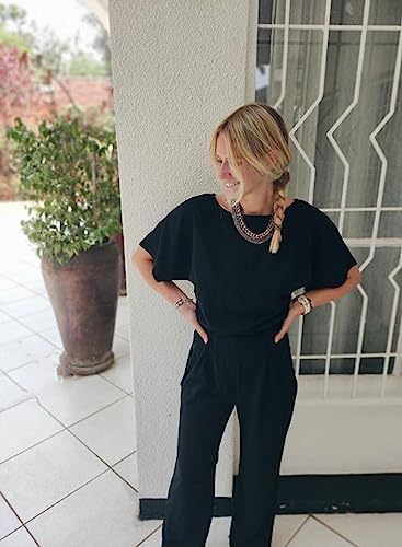 Happy Sailed Women Casual Loose Short Sleeve Belted Wide Leg Pant Romper Jumpsuits Medium Black