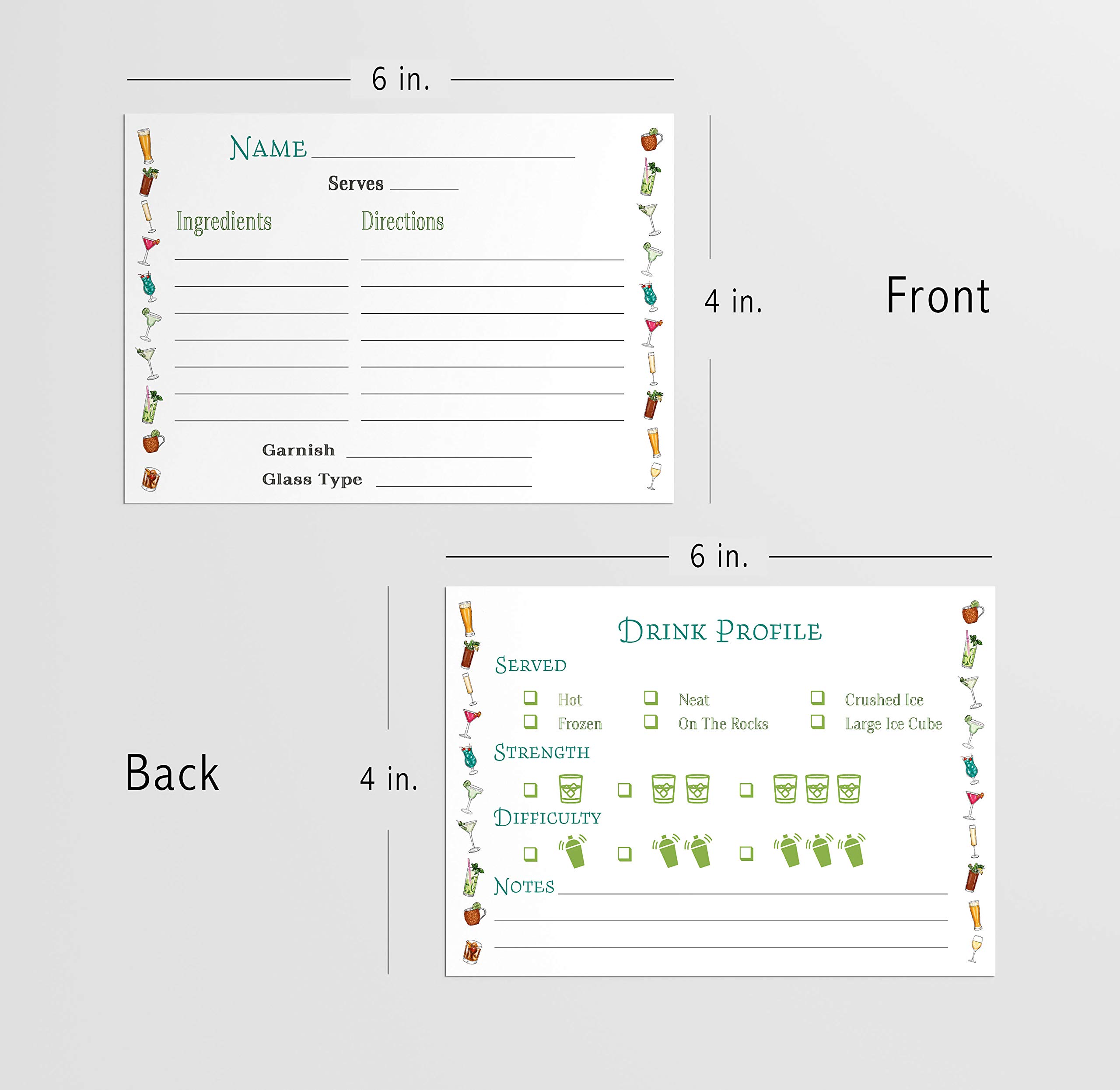 Cocktail Recipe Cards, 4x6 Inches, 50 Fill-in-the-Blank Cards for Recipe Box (Watercolor Border)