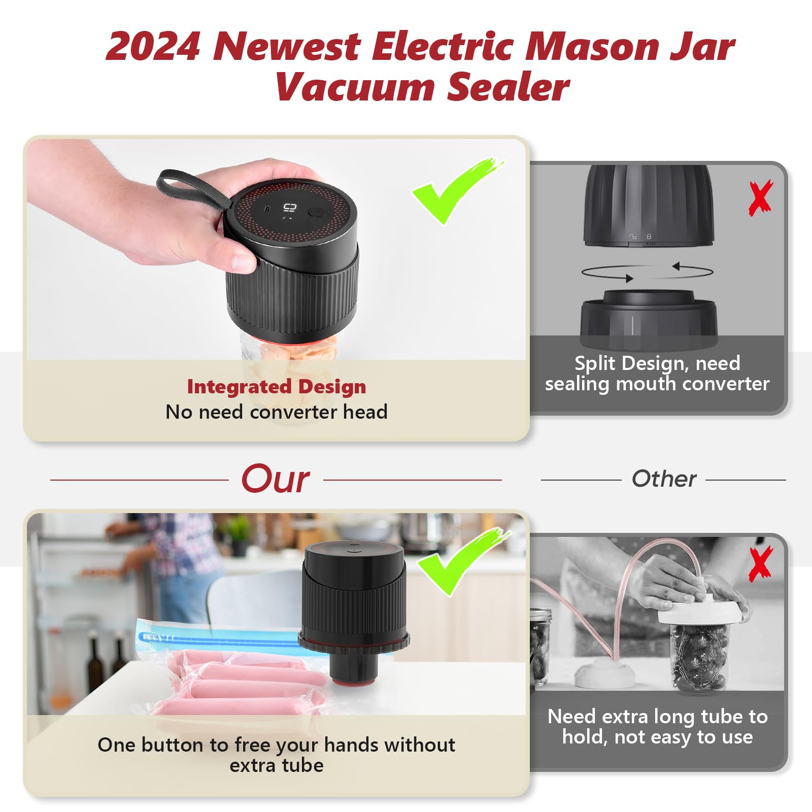 Electric Mason Jar Vacuum Sealer Kit, CooAoo 4 in 1 Jar Vacuum Sealer for Wide and Regular Mouth Mason Jars, Automatic Stop Vacuum Sealer for Jars Wine Bottle,Vacuum Bags Containers, Black