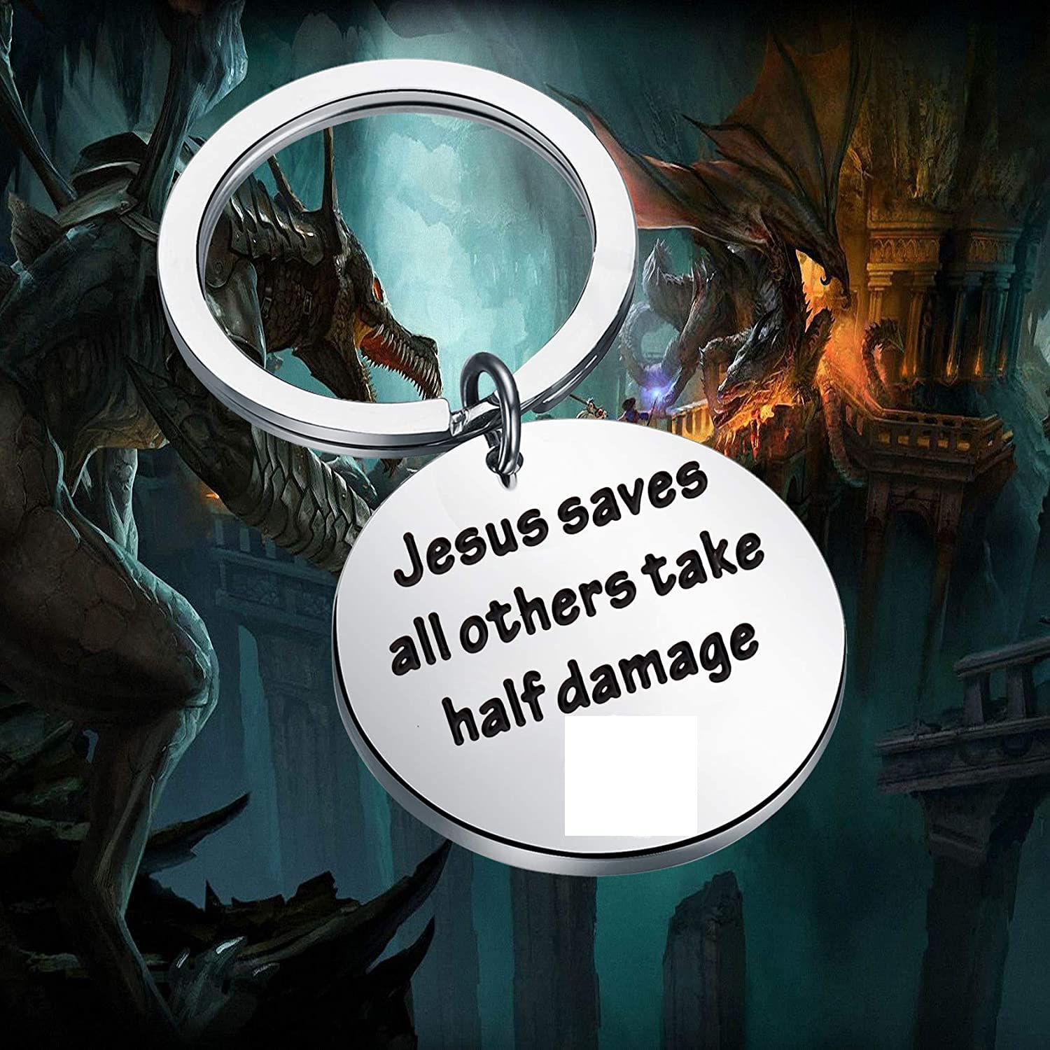 BEKECH Dragons Game Inspired Gift Role Playing Funny Jesus Saves All Others Take Half Damage Keychain DM Dragon D20 Dice Gift RPG Gamer Gift (silver)