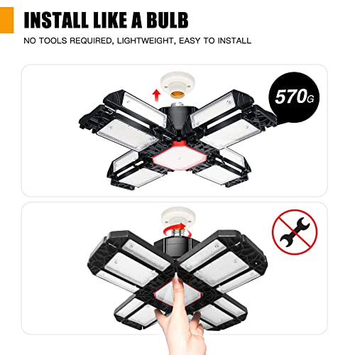 Led Garage Light 180W, 18000LM LED Garage Ceiling Lighting with E26/E27 Ceiling Shop Work Lamp, 6500K Deformable LED Shop Light with 12+1 Adjustable Panels Lights for Garage, Workshop, Attic, Basement
