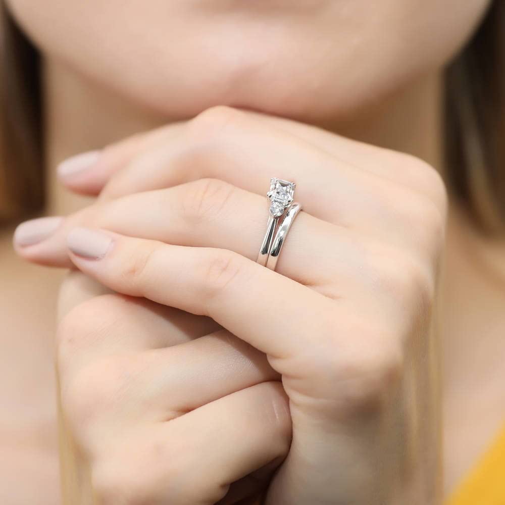 BERRICLE Sterling Silver 3-Stone Wedding Engagement Rings Emerald Cut Cubic Zirconia CZ East-West Ring Set for Women, Rhodium Plated Size 4.5