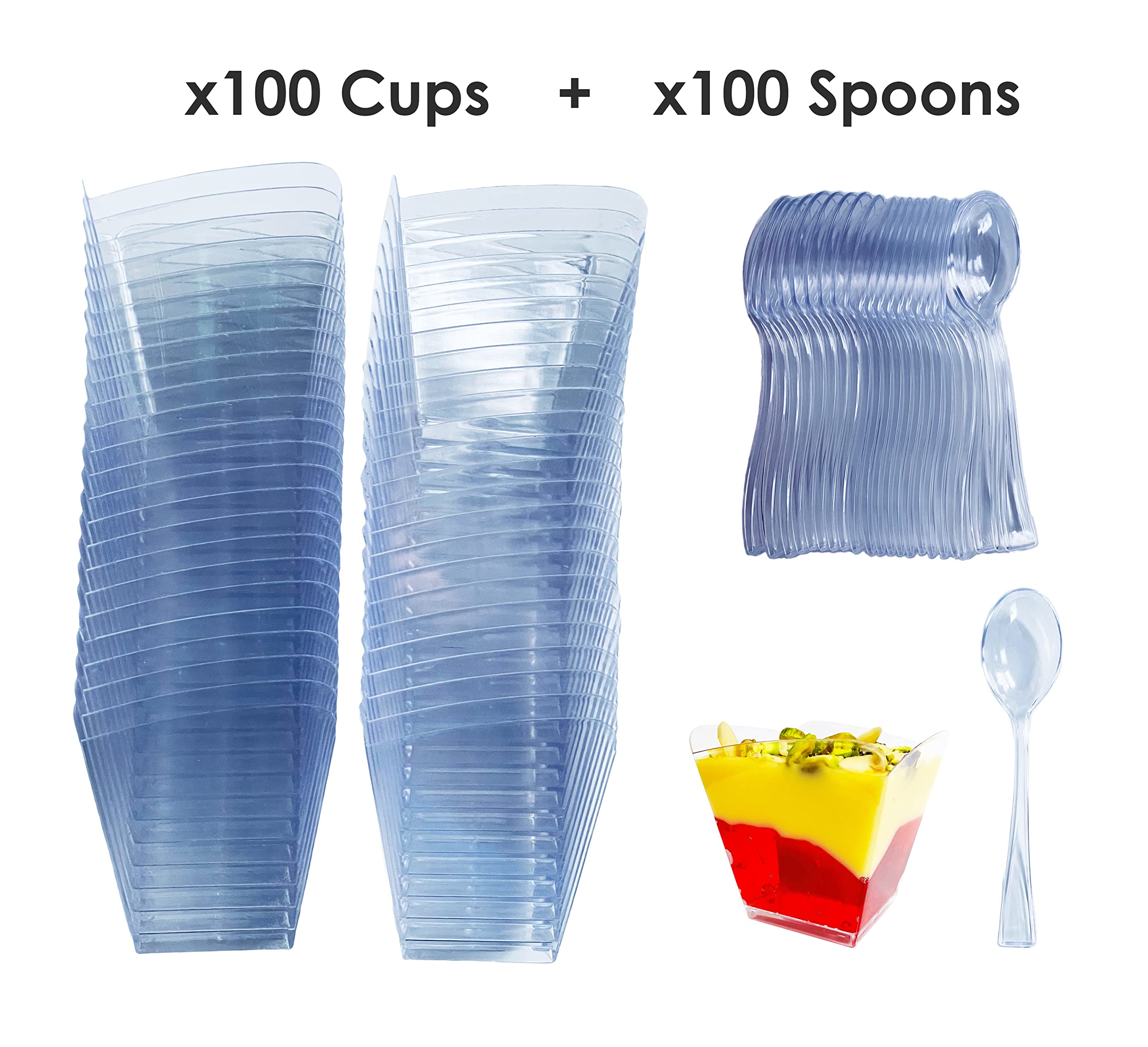 Blissful Dining 100 Counts 3oz Square Clear Plastic Dessert Cups with 100 Counts Clear Plastic Spoons. (3 Ounces, 100 Serving Cups and Spoons)