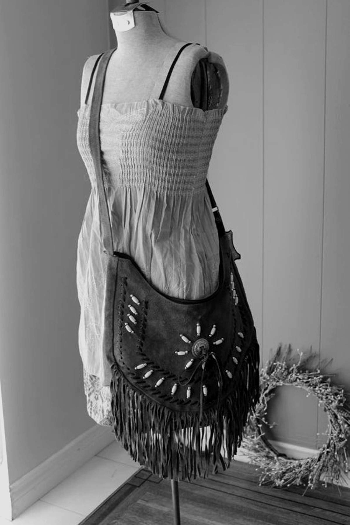 Fringe Suede Leather Purse Bag Shoulder Cross Body Straps Southwest Hair Pipes Cabachon