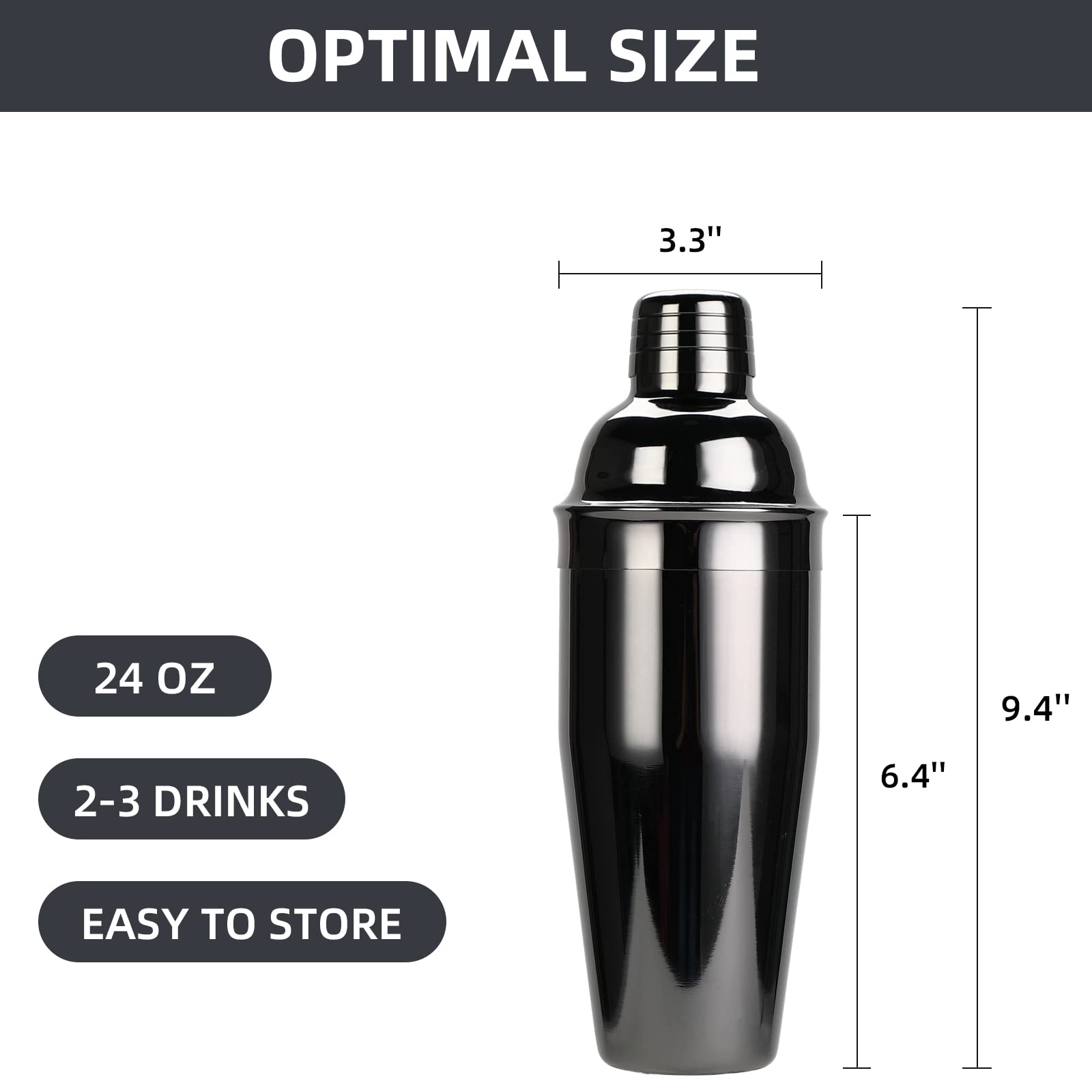Cocktail Shaker Bartender Kit 24 Ounce with Cocktail Strainer, Bar Kit Drink Mixer Shaker Martini Shaker(Black)