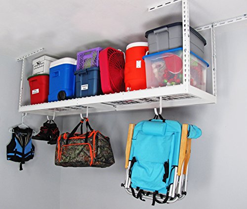 SafeRacks β 2x8 Overhead Garage Storage Rack - Height Adjustable Steel Overhead Storage Rack - 400 Pound Weight Capacity (White, 12"-21")