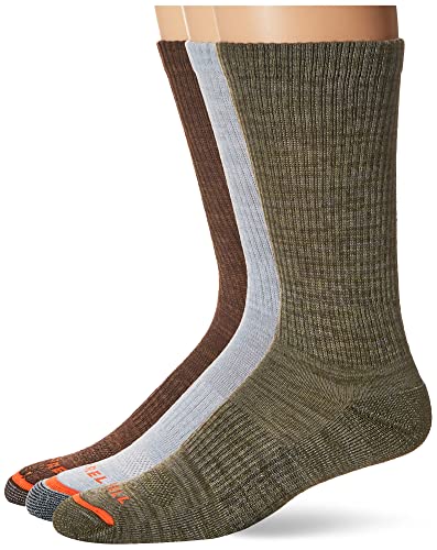 Merrell mens Cushioned Hiker Crew 3 Pair Casual Sock, Dark Brown, Dark Grey/Light Grey, Olive Green, Small-Medium US