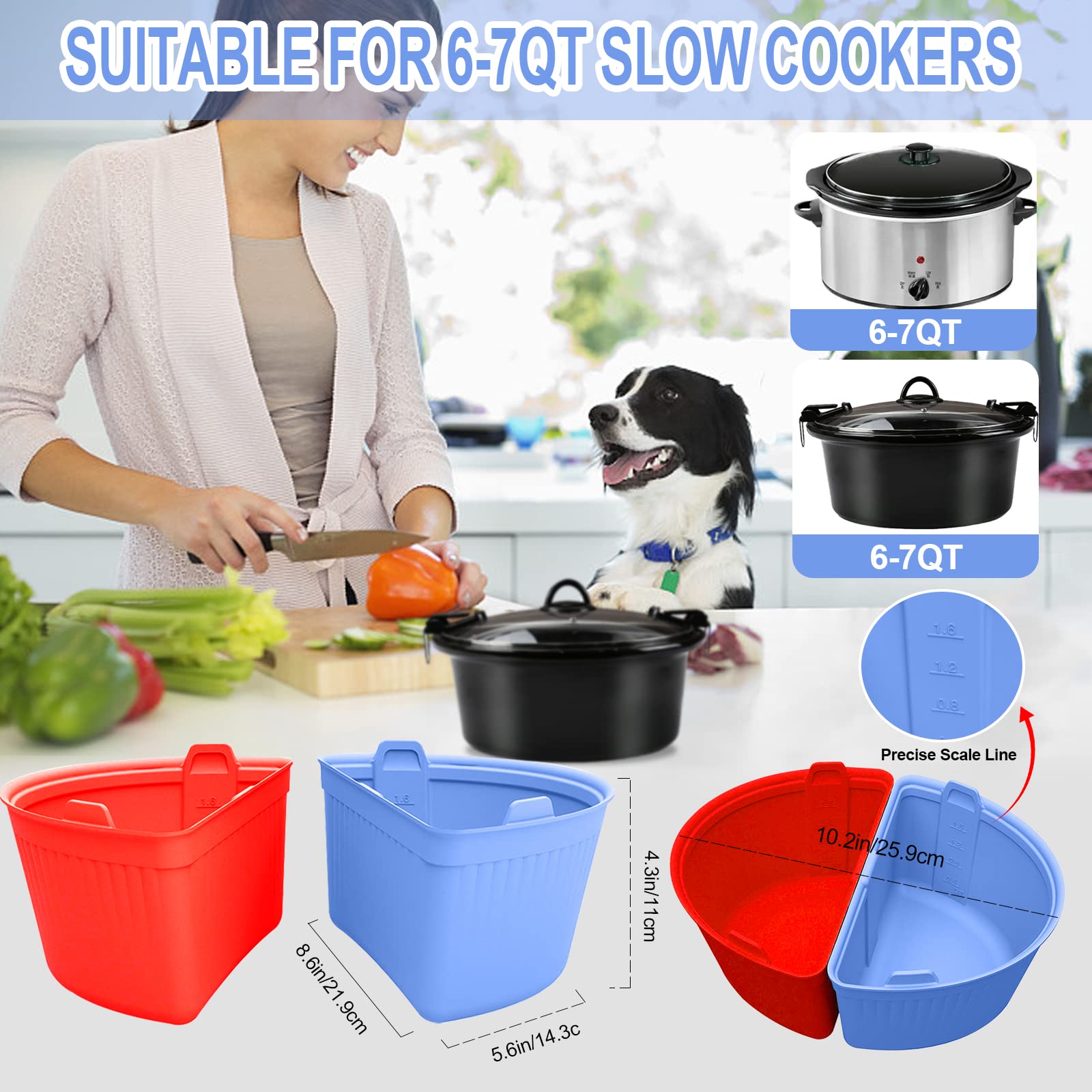 CHAHOT Silicone Slow Cooker Liners-2Pcs Slow Cooker Divider Liners for Crock Pot 6QT, Reusable Leakproof Dishwasher Safe BPA Free Food Grade Silicone Slow Cooker Liners for Crockpot Slow Cooker 6-7QT