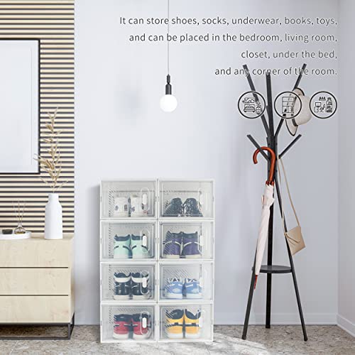 Hrrsaki 8 Pack X-Large Shoe Storage Boxes, Shoe Boxes Clear Plastic Stackable, Shoe Organizer Boxes with Front Opening Lids, Ventilation and Dust-proof, Shoe Container Boxes for Closet, Bedroom, Bathroom, Fit for Women/Men Size 14(14β x 11β x 8.3β) (white
