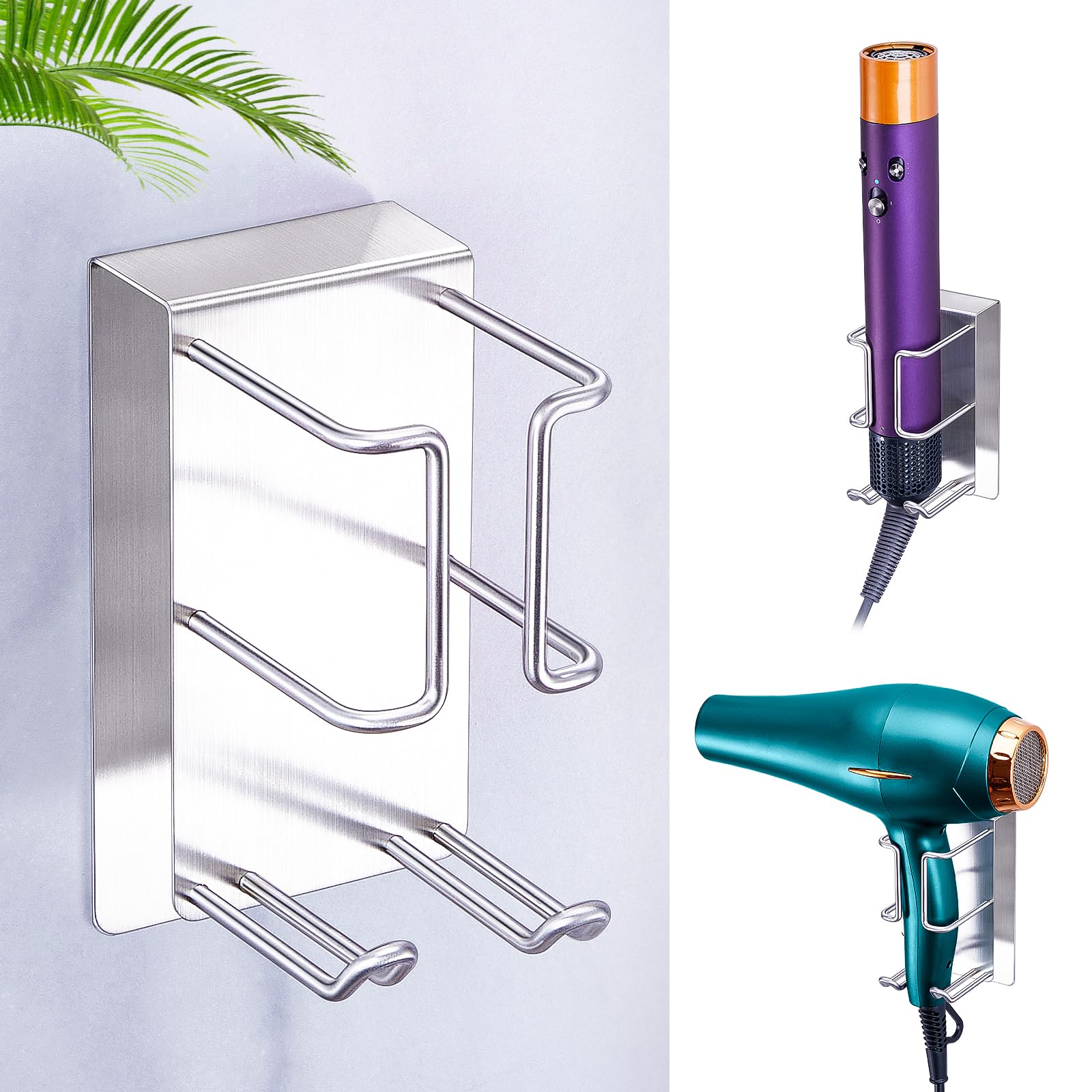 WAYASI Hair Dryer Straightener Holder Blow Dryer Holder for Bathroom, Adhesive Curling Iron Holder, Stainless Steel Hair Dryer Holder Wall Mount, Hair Tool Organizer, Hair Flat Iron Storage for salon