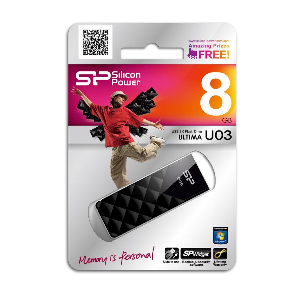 Silicon Power 8GB Ultima U03 USB 2.0 Flash Drive - 8 GB - USB 2.0 - Mystery Black
