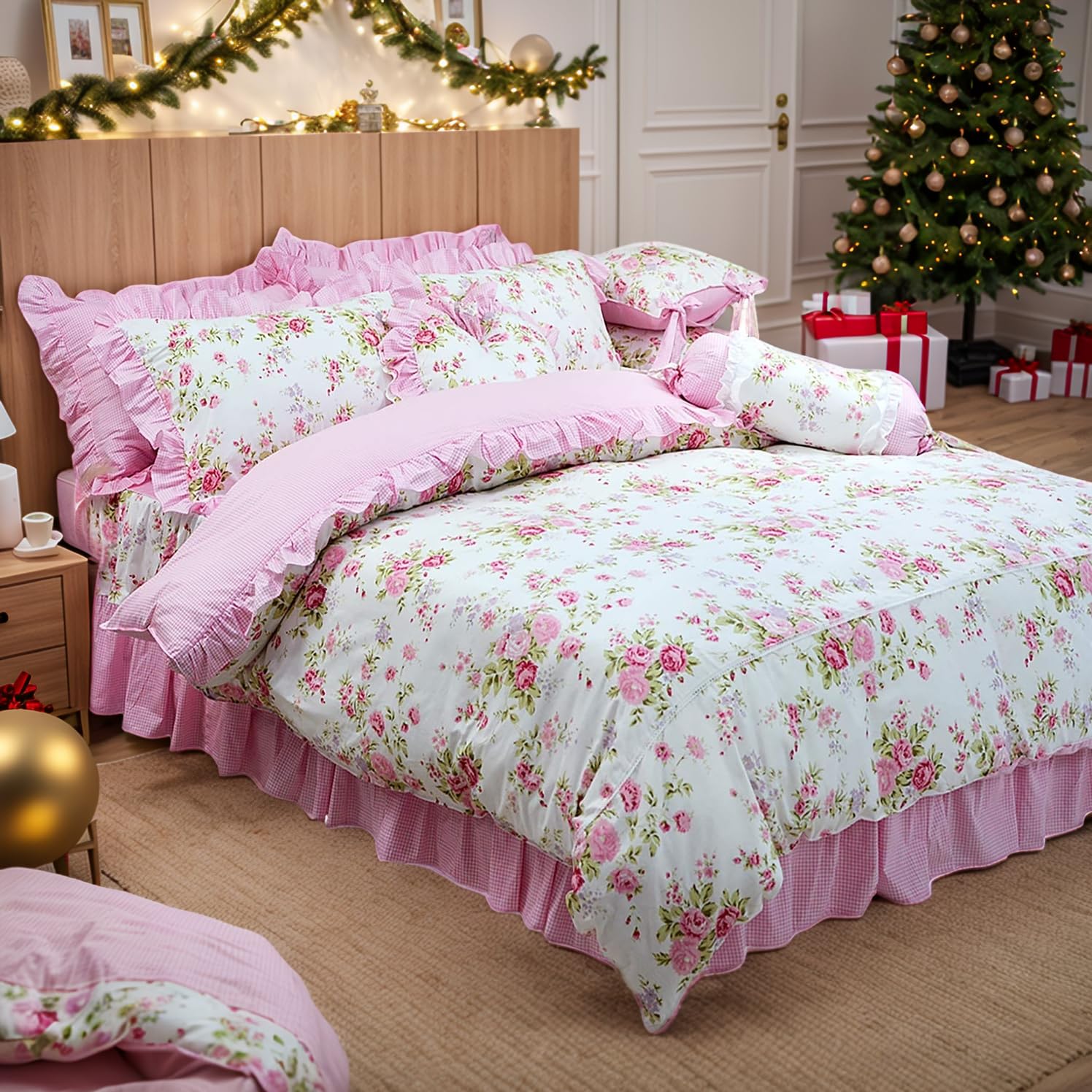 FADFAY Shabby Pink Duvet Cover Set Rose Floral Bedding Collection Elegant Princess Lace Ruffle Quilt Cover Set for Girls 4 Pieces Full Size
