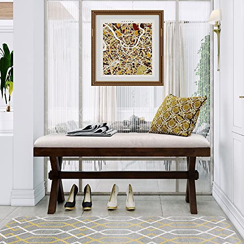 Harper & Bright Designs 3-Piece Wood Dining Table Set, Farmhouse Rustic Kitchen Dining Table with 2 Upholstered Benches, Brown+Beige
