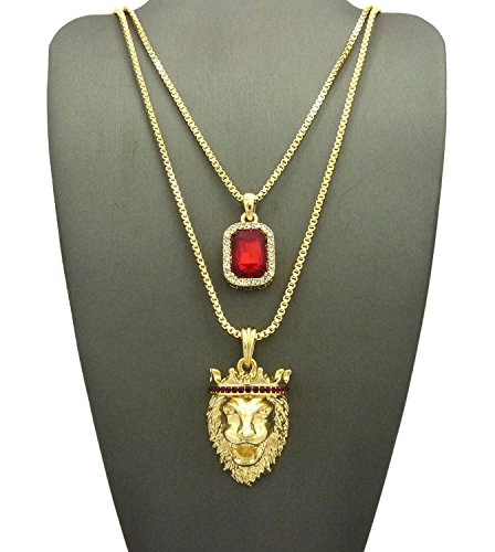 Gold Tone Micro Colorful Gemstone King Crown Lion Head Pendant 2mm 24", 30" Box Chain 2 Necklace Set (Gold + Red)