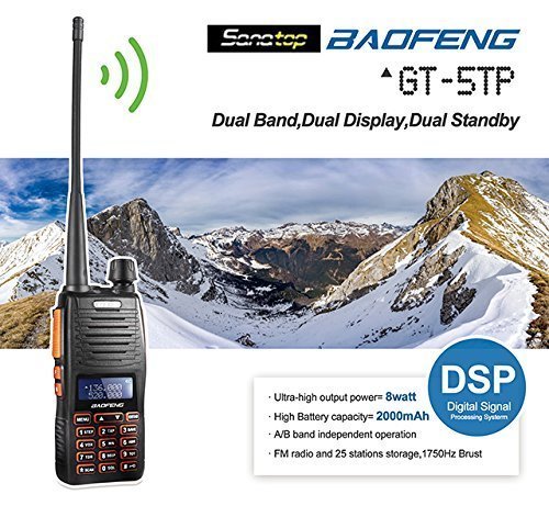 Baofeng Ham Radio Handheld GT-5TP, 8W Portable with High Capacity Battery, Dual Band High Power Two Way Radio with Dual PTT, Black
