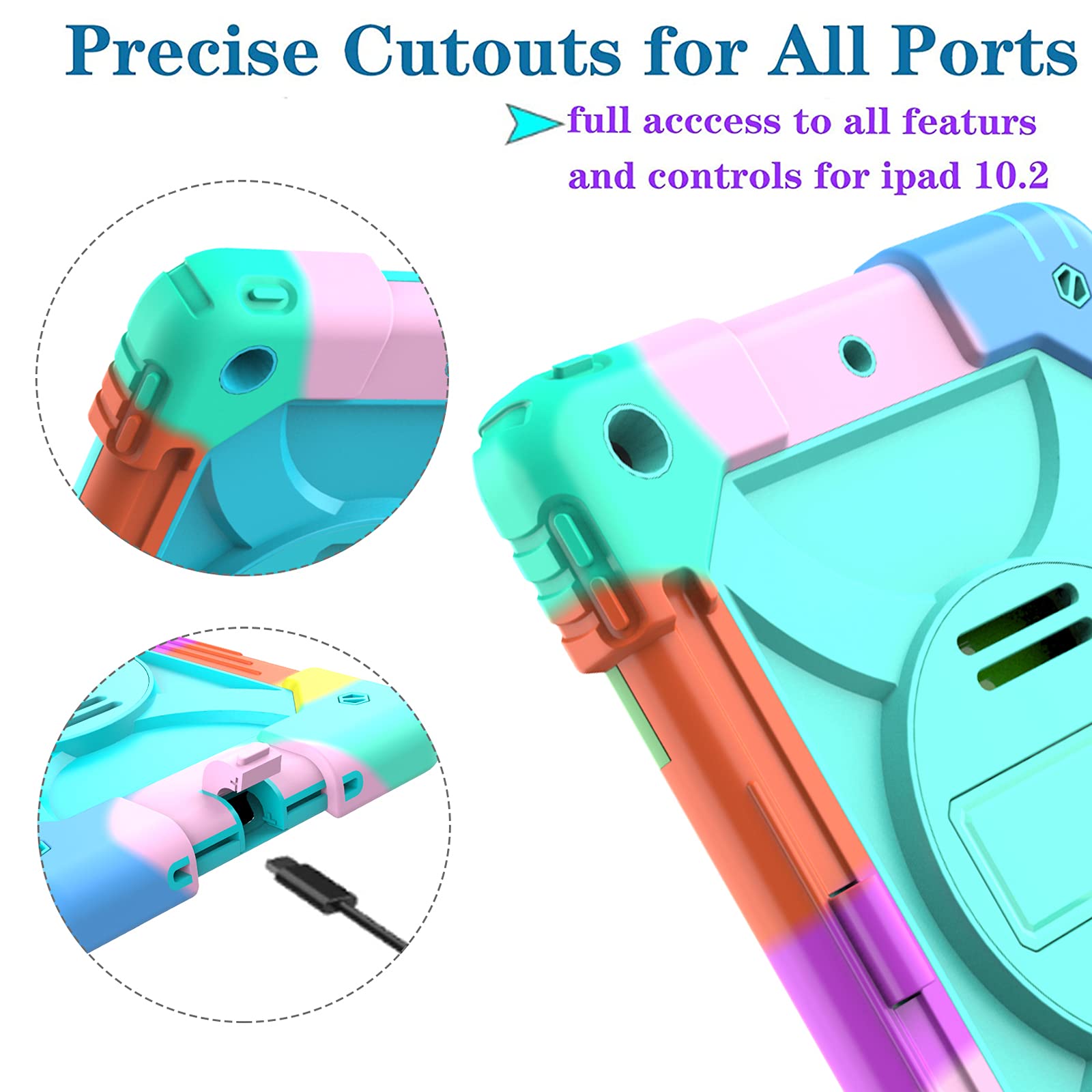 BMOUO iPad 9th/8th/7th Generation Case, iPad 10.2 Case, Shockproof 360 Rotating Stand Shoulder Hand Strap iPad 9th/8th/7th Gen Case with Pencil Holder for iPad 10.2 inch 2021/2020/2019 - Teal