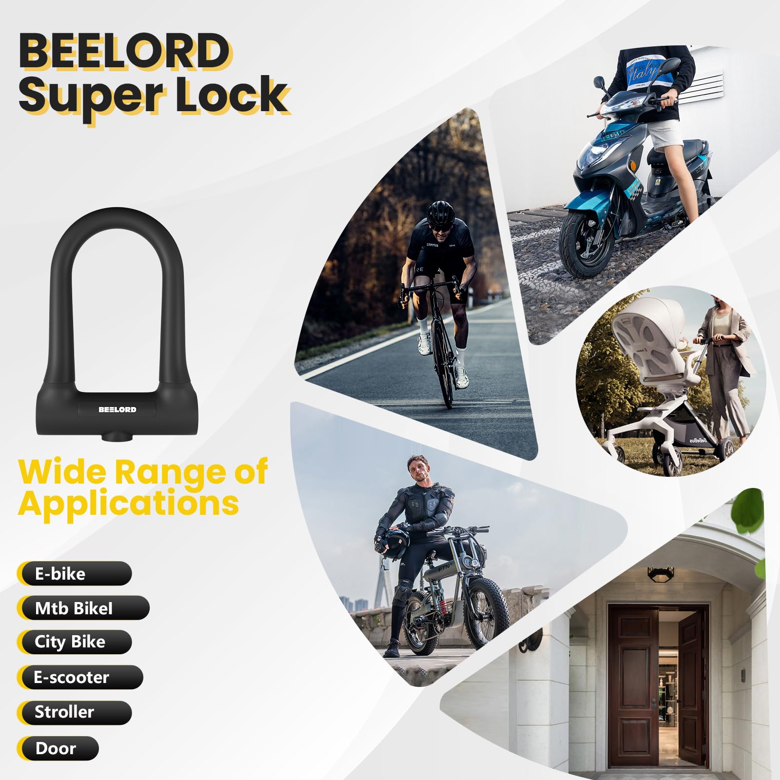 BEELORD Bike U-Lock, Heavy Duty Anti-Theft Bicycle U Lock, 18mm Shackle with Keys, Security Lock for Bicycles, E-Bikes, Scooters