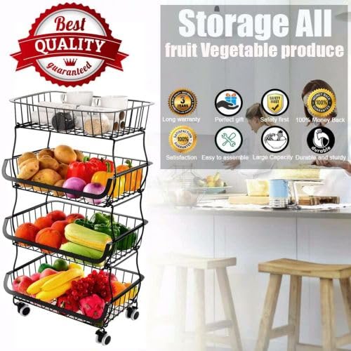 Fruit Vegetable Storage Basket for Kitchen - 4 Tier Stackable Metal Wire Baskets Cart with Rolling Wheels Utility Fruits Rack Produce Snack Organizer Bins