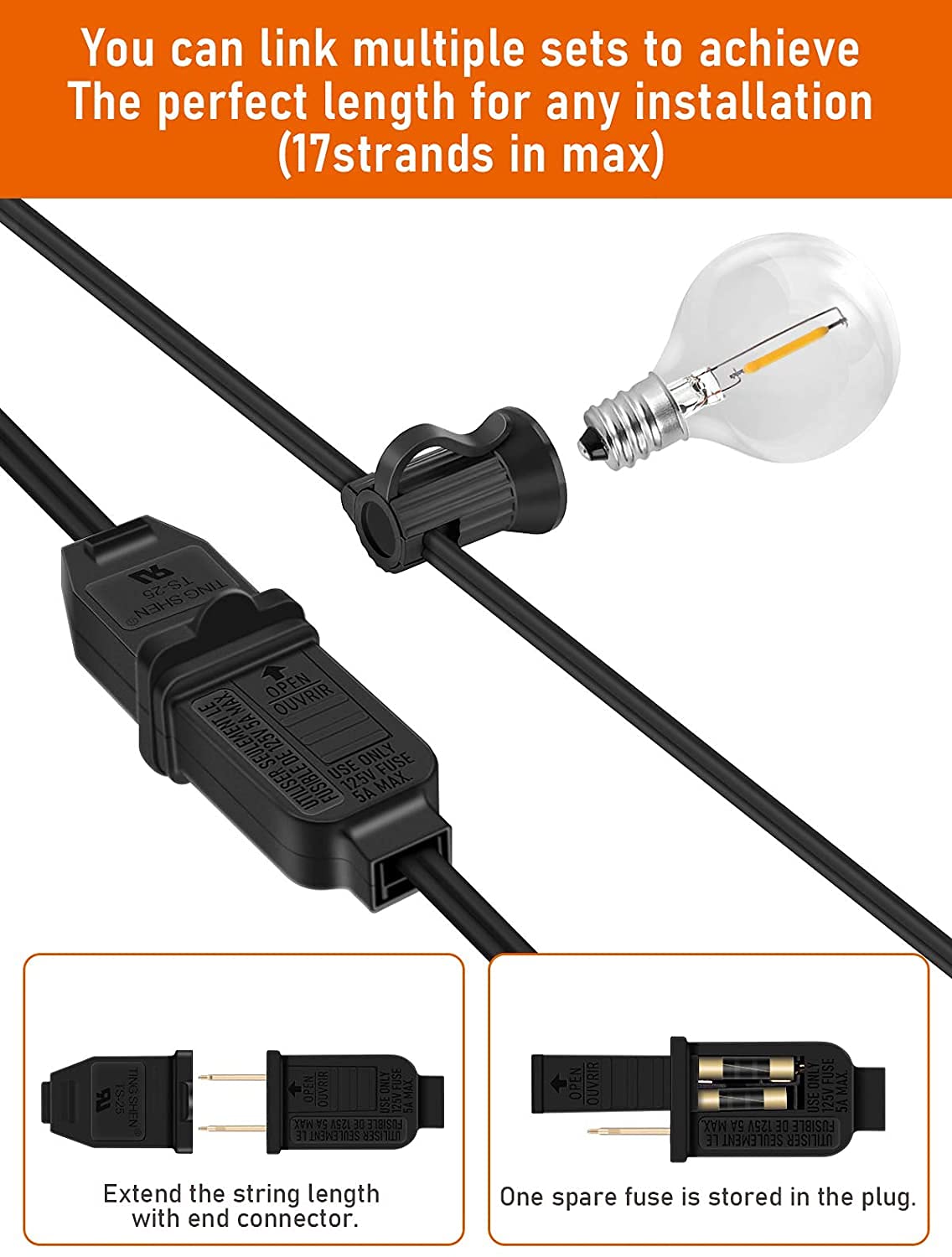 Solar String Light Outdoor Lijun 50FT S14 LED Patio Lights Waterproof Shatterproof 4 Light Mode Solar Powered with 17 Plastic Hanging E26 LED Bulbs for Porch, Pergola, Backyard, Garden, Party, Wedding
