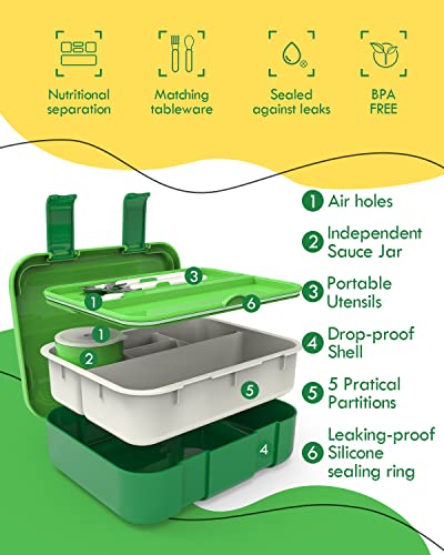 Lehoo Castle Bento Lunch Box for Kids, 1250mL Lunch Box for Boys with 5 Compartments, Kids Lunch Container with Utensil - Included Spoon, Fork, Sauce Jar, Microwave and Dishwasher Safe
