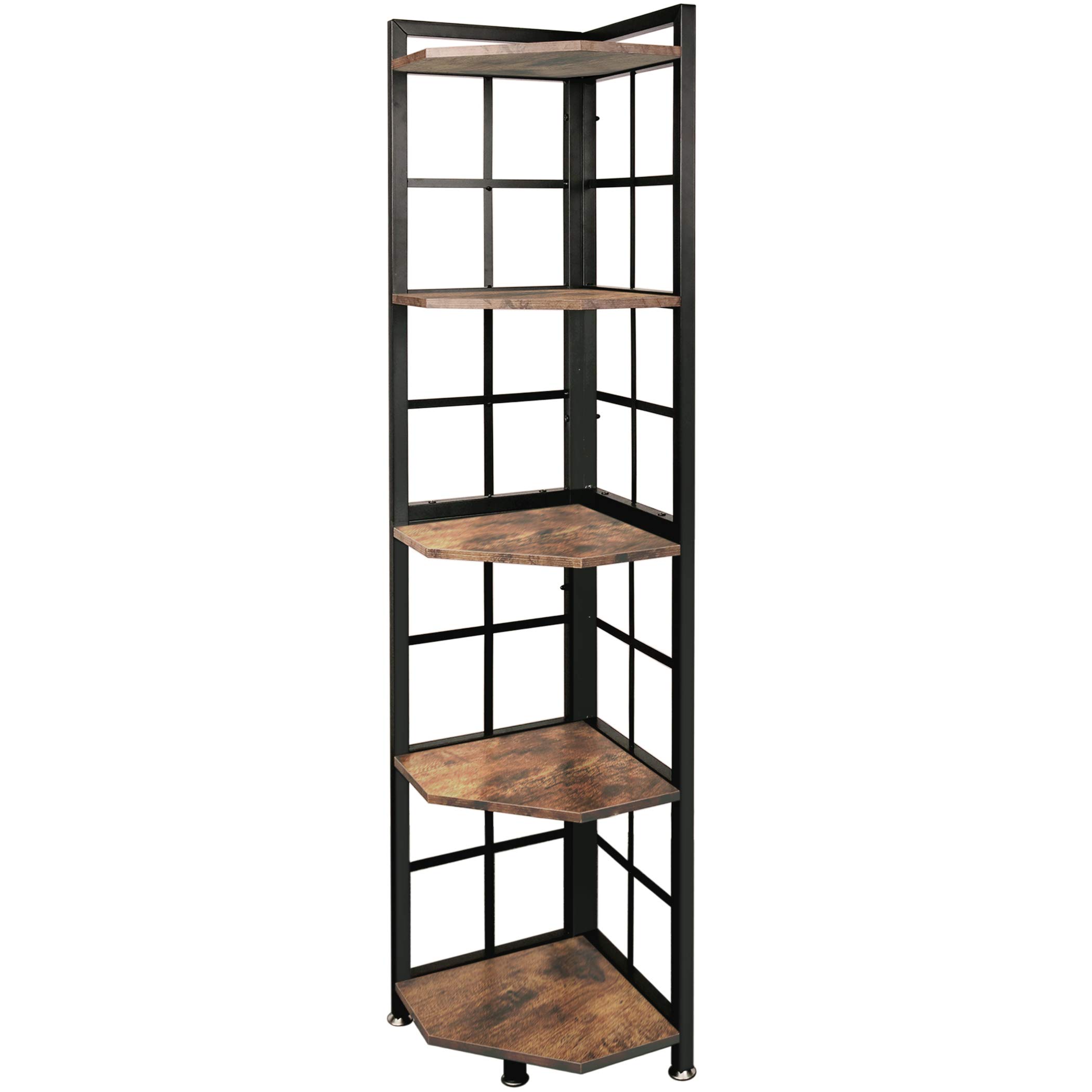 Becko US Corner Bookshelf 5 Tier Industrial Corner Shelf Corner Bookcase Plant Stand Storage Rack Display Rack for Home Office (Rustic Brown)