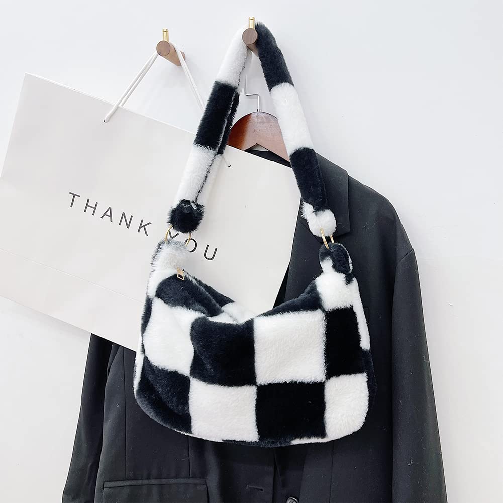 JQWSVE Fluffy Tote Bag Furry Shoulder Bag for Women Black and White Checkered Bag Large Plush Bag Fluffy Purse for Autumn and Winter