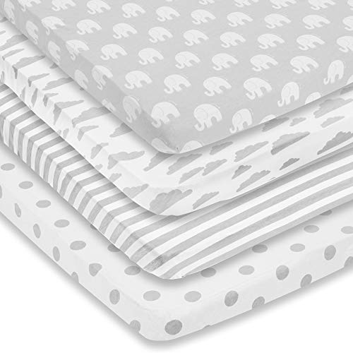 Pack n Play Sheets – Premium Pack and Play Sheets 4 Pack – 100% Super Soft Jersey Knit Cotton Playard Mattress Sheets – Portable Playpen Fitted Play Yard Mini Crib Sheet For Boy & Girl (24 x 38 x 5)