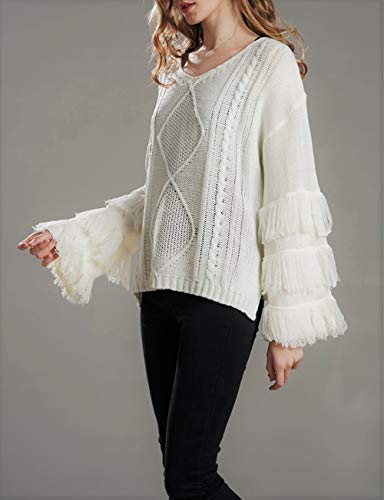 HZSONNE Women's Casual V Neck Tassel Bell Long Sleeve Boho Loose Kimono Cable Knit Pullover Sweater Jumper Tops (White, Large)