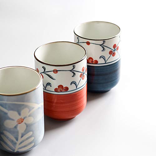 Caalio Japanese Porcelain Tea Cups, for Matcha Coffee Hot Green Tea, Chinese Tea, Mino ware, Diameter 2.9 inches x height 4.0 inches, 11fl oz/325ml - BLUE BLOSSOM